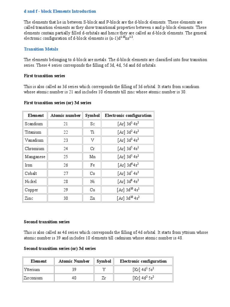 First Transition Series: D and F - Block Elements Introduction | PDF ...