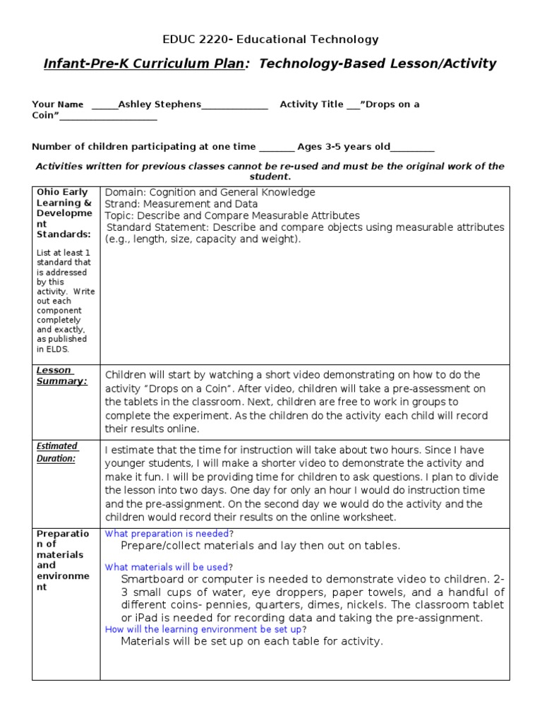 Ed Tech ECDE Activity Plan | PDF | Classroom | Educational Technology