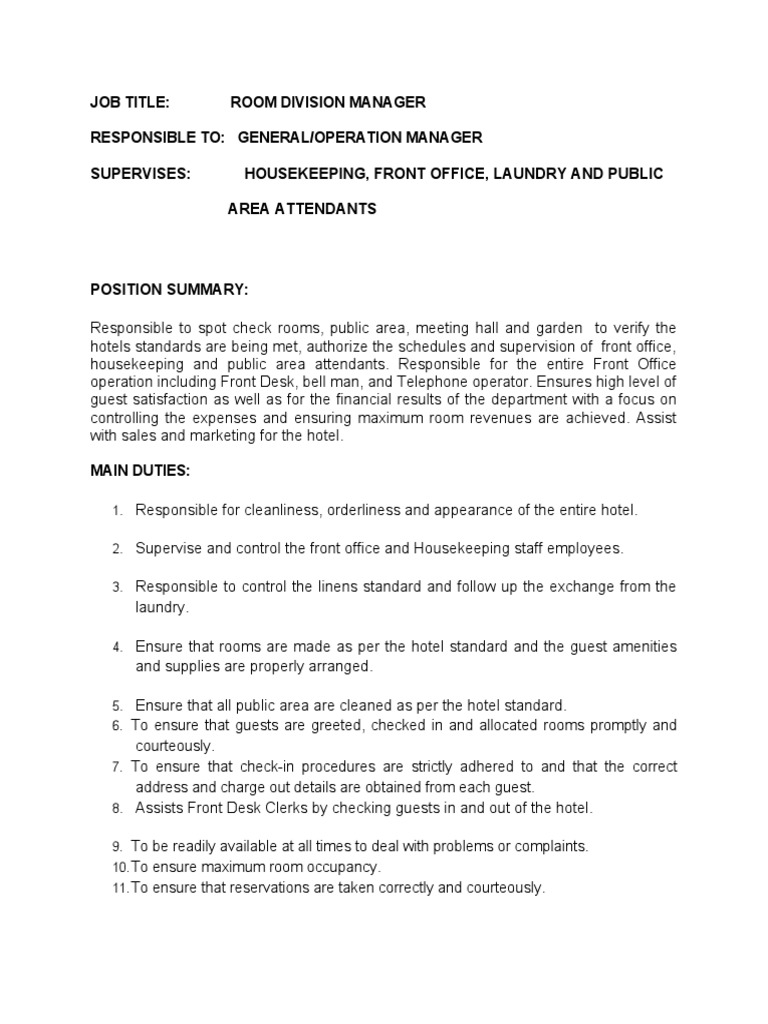 Job Title: Room Division Manager Responsible To: General/Operation ...