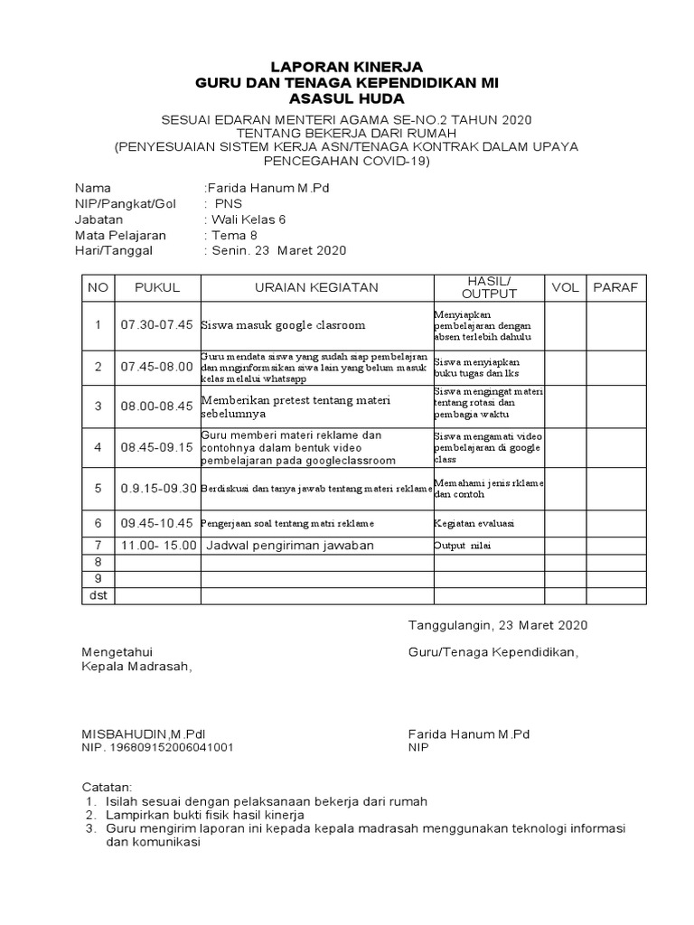 Format Laporan Kinerja Guru Dan Pegawai | PDF