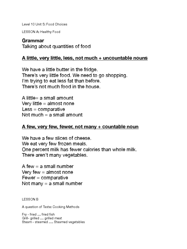 Grammar A Little, Very Little, Less, Not Much + Uncountable Nouns | PDF