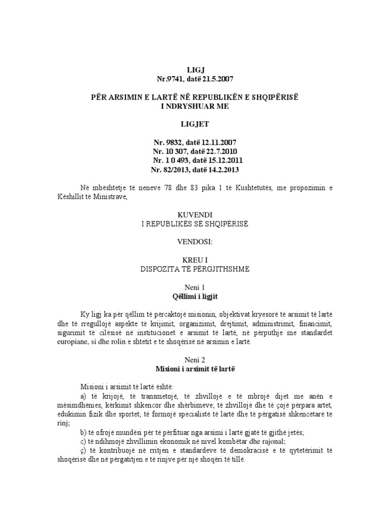 Ligji Per Arsimin e Larte PDF | PDF