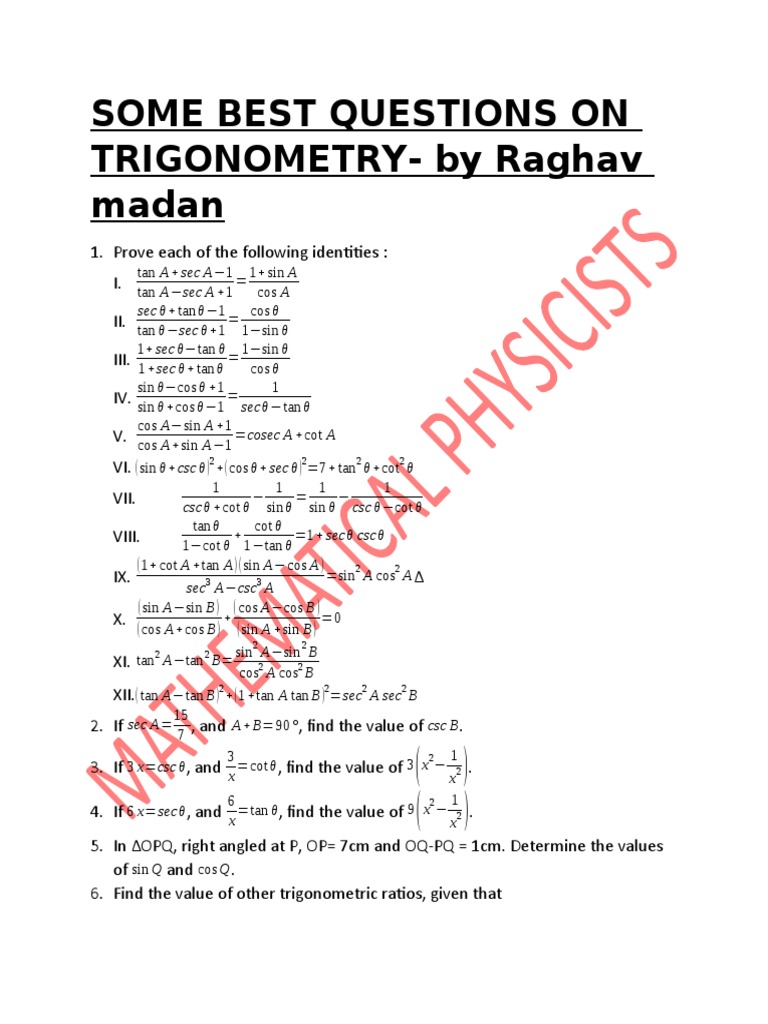 Some Best Questions On Trigonometry | PDF | Sine | Trigonometric Functions