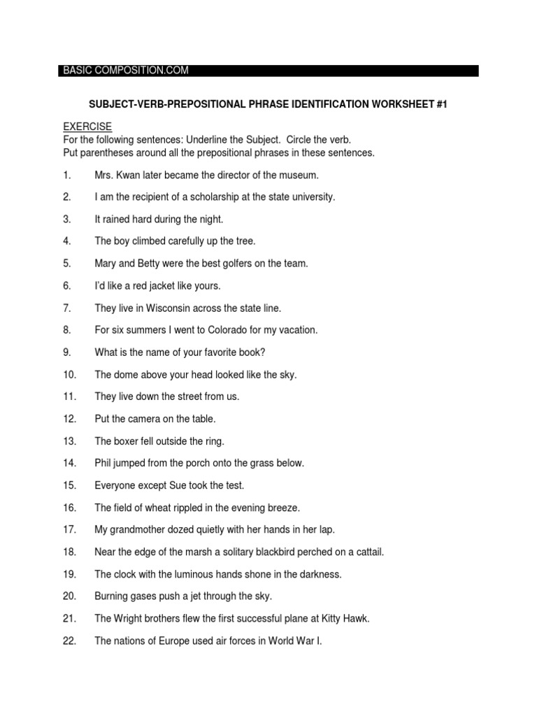 Subject-Verb-Prepositional Phrase Identification Worksheet #1 | PDF ...