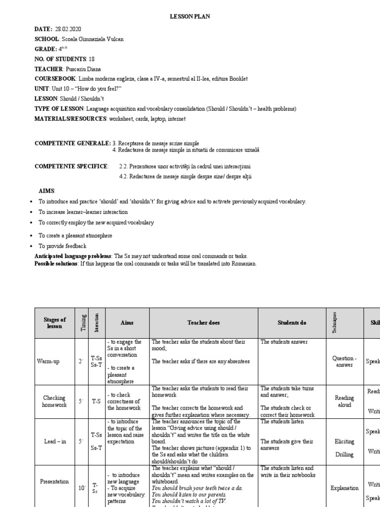 Lesson Plan 4th Grade | PDF | Lesson Plan | Vocabulary