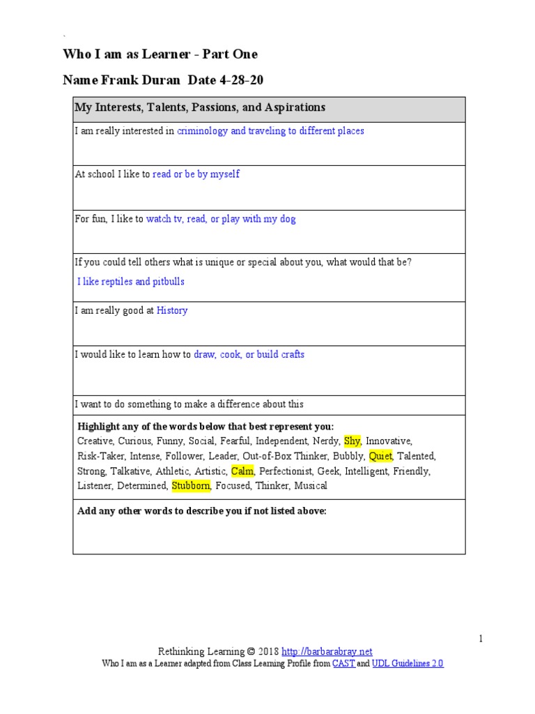 Me As A Learner | PDF | Vocabulary | Learning
