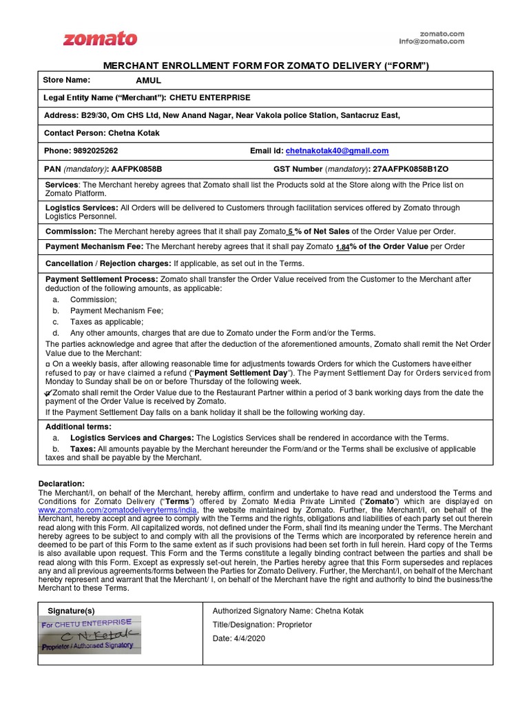 AMUL Enrollment Form - Zomato Market PDF | PDF | Payments | Fee