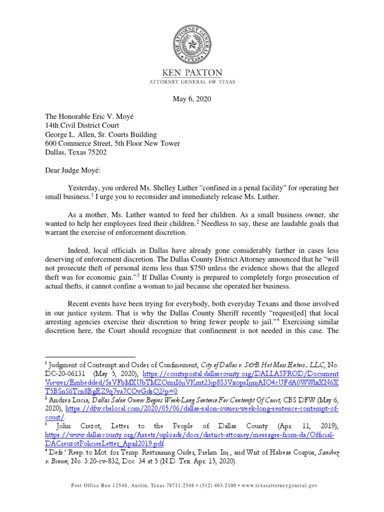 Texas AG Ken Paxton Letter To Dallas Judge Eric Moye RE: Confinement of ...