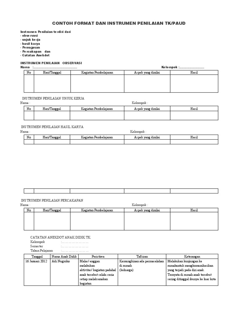 Format dan Instrumen Penilaian PAUD | PDF