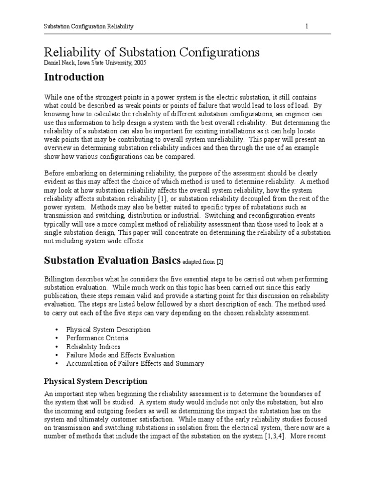 Reliability of Substation Configurations: Physical System Description | PDF