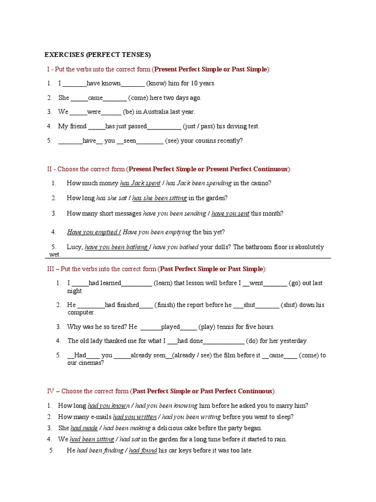 Exercises Perfect Tenses | PDF | Career & Growth