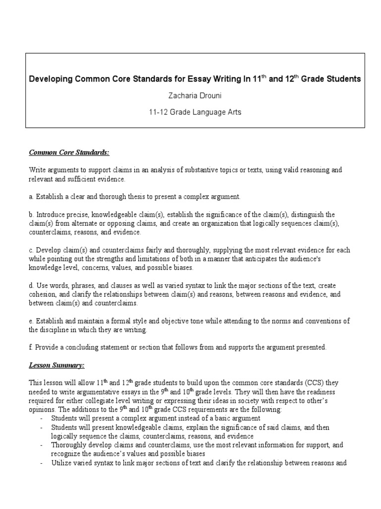 Developing Common Core Standards For Essay Writing in 11 and 12 Grade ...