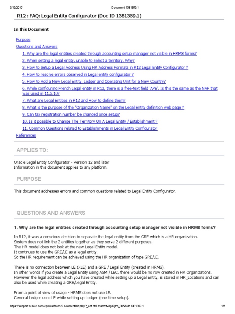 R12: FAQ: Legal Entity Configurator (Doc ID 1381359.1) : Applies To ...
