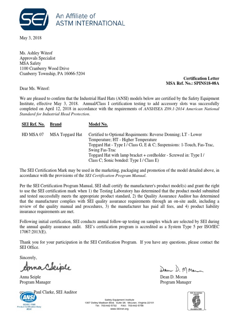 Certification Letter MSA Ref. No.: SPINS18-08A: Standard For Industrial ...