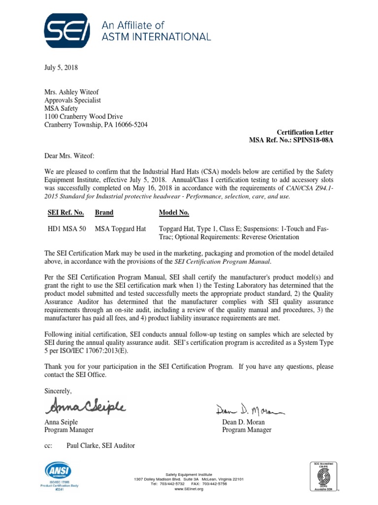 Certification Letter MSA Ref. No.: SPINS18-08A | PDF | Certification ...