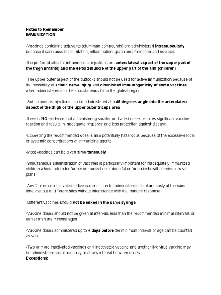 Notes To Remember: Immunization | PDF | Vaccines | Dose (Biochemistry)