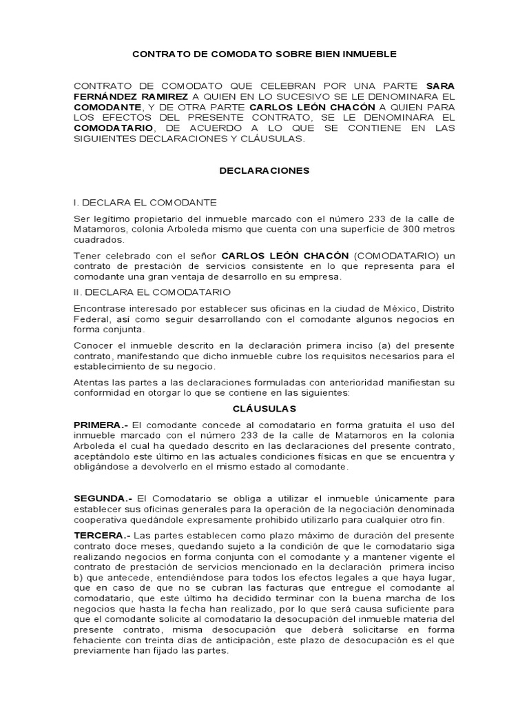 Contrato de Comodato Sobre Bien Inmueble | PDF | Desempleo | Ciencias sociales