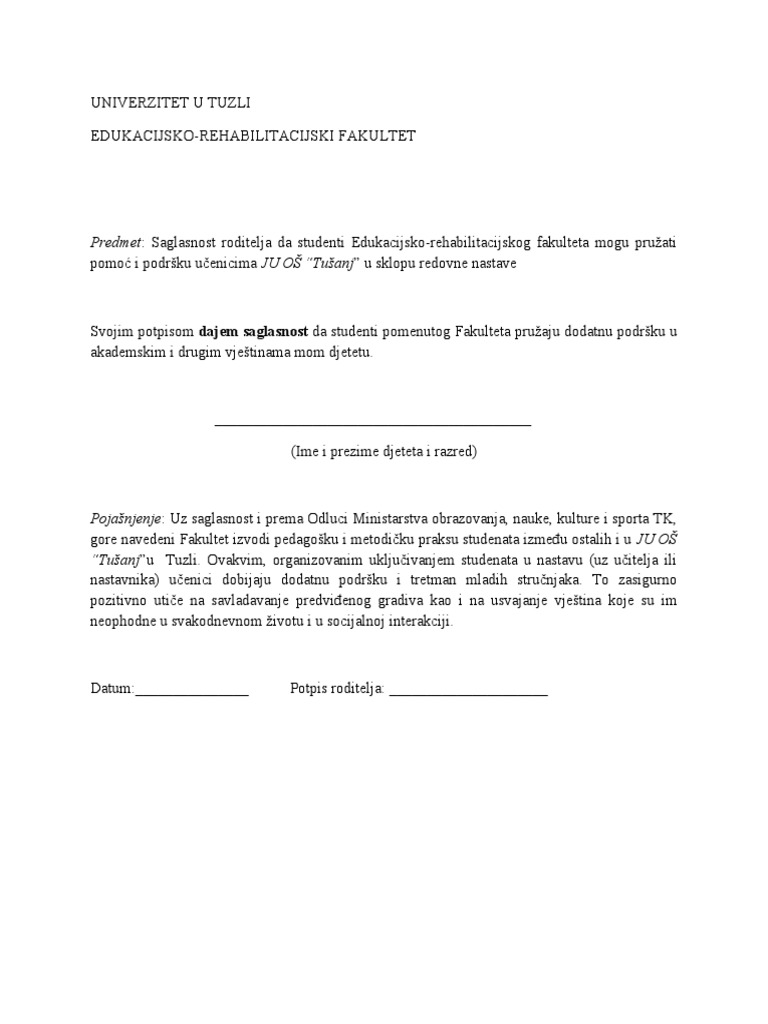 Saglasnost Roditelja | PDF