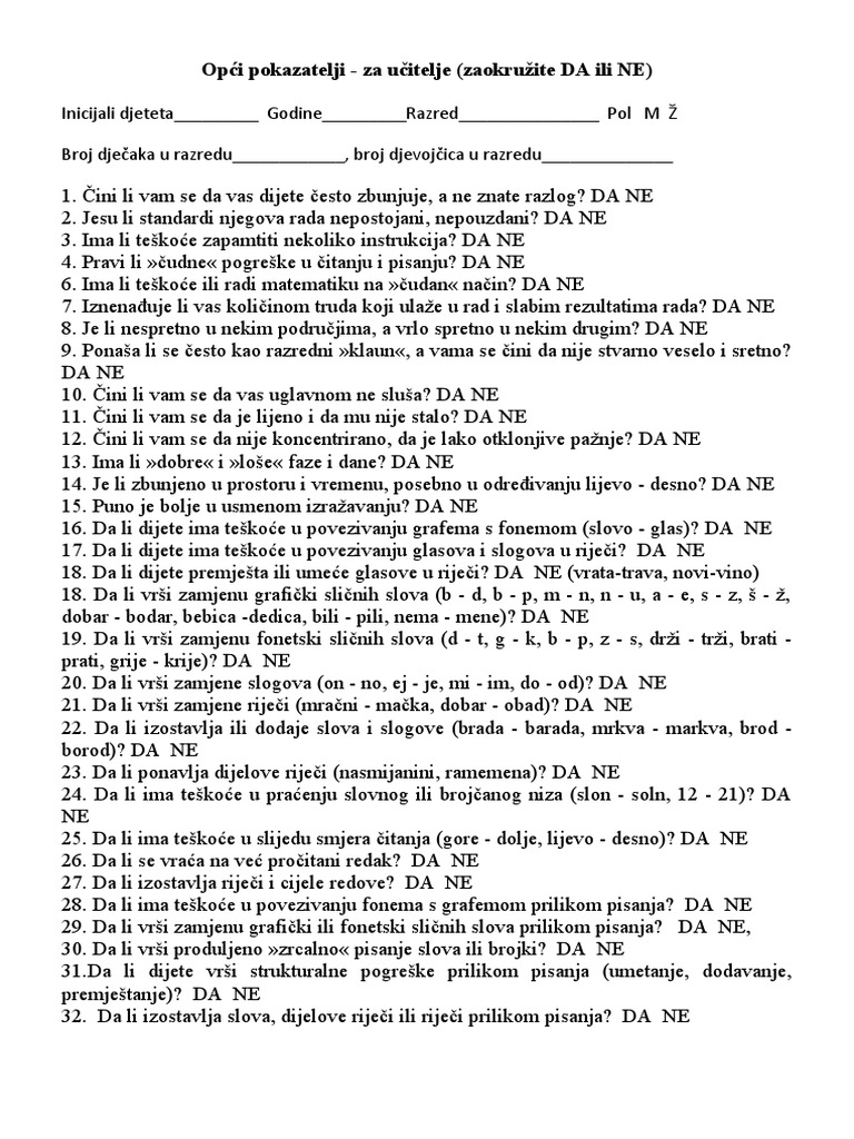 Upitnik Za Nastavnike | PDF