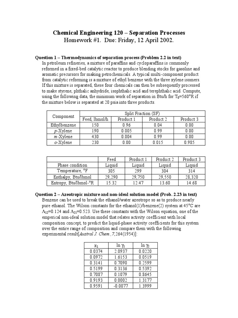 Chemical Engineering 120 - Separation Processes: Homework #1. Due ...