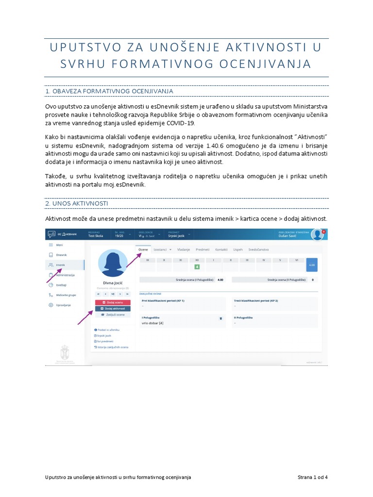 Uputstvo Za Unošenje Aktivnosti U Svrhu Formativnog Ocenjivanja | PDF