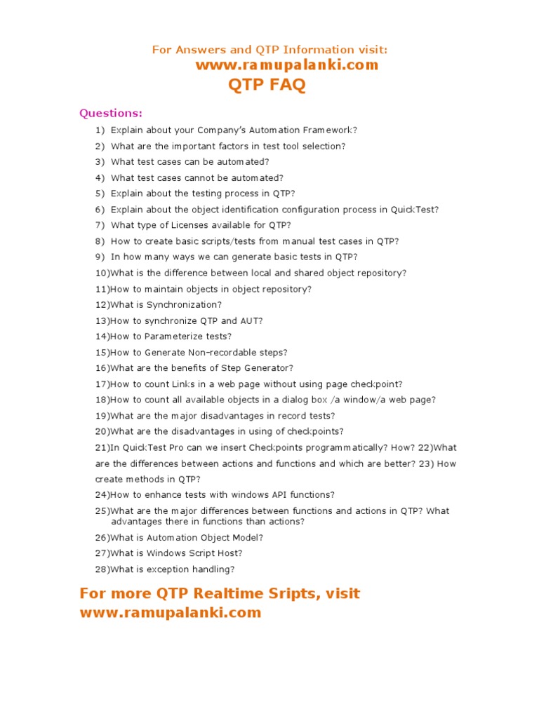 Qtp Faq Questions Pdf Object Computer Science Scripting Language