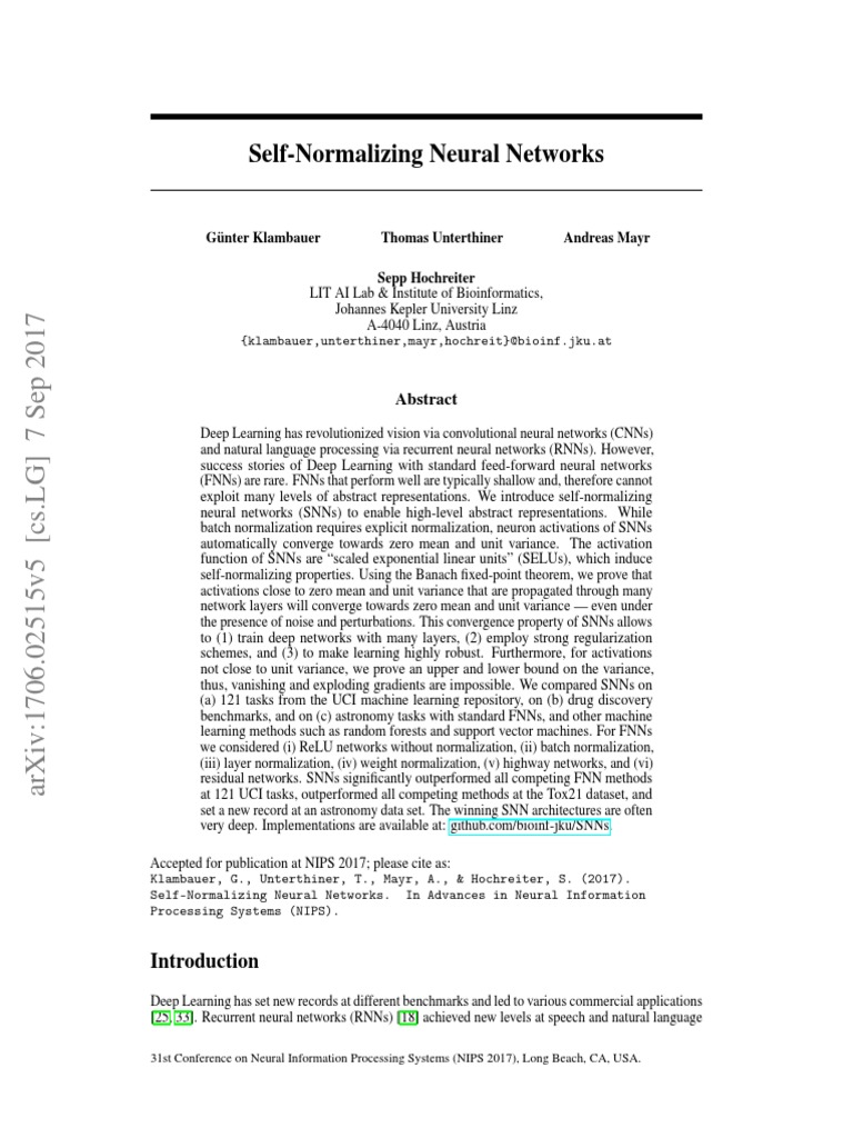 Self Normalizing Neural Networks Pdf Pdf Artificial Neural Network