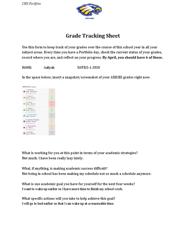Grade Tracking & Reflection Sheet | PDF