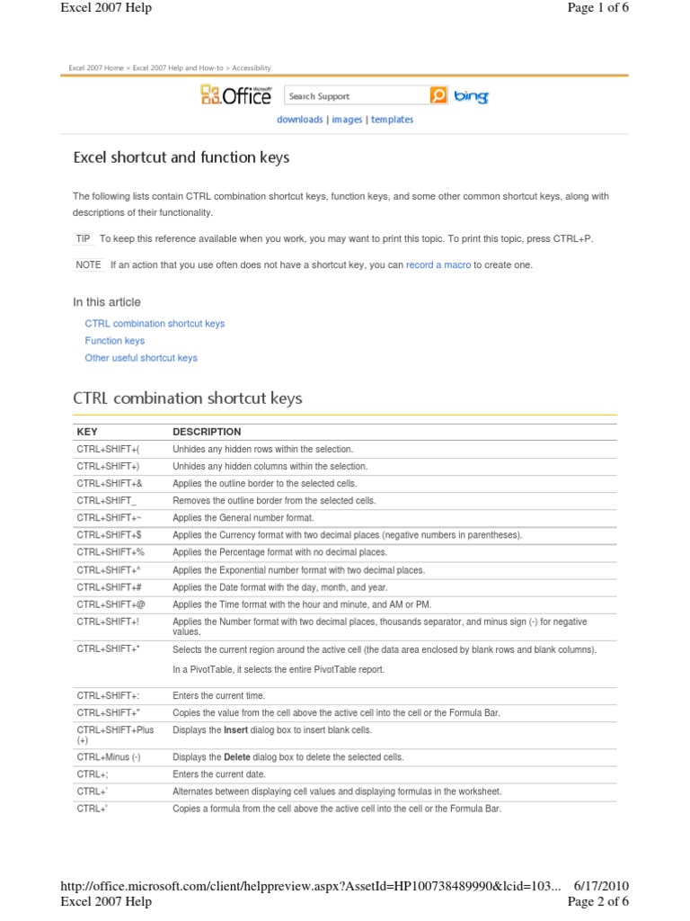 Excel Shortcut and Function Keys | PDF | Microsoft Excel | Menu (Computing)