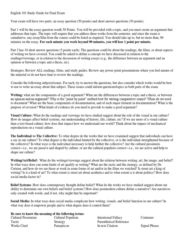 English 101 Study Guide For Final Exam SP 20 | PDF | Essays | Test ...