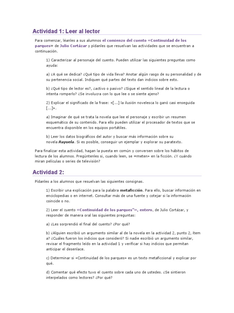 Actividad Continuidad de Los Parques | PDF | Cuentos