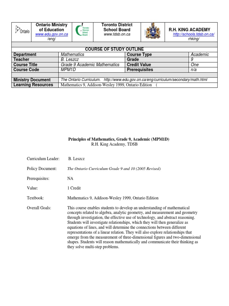 Mathematics Academic B. Leszcz 9 Grade 9 Academic Mathematics One Mpm1D ...