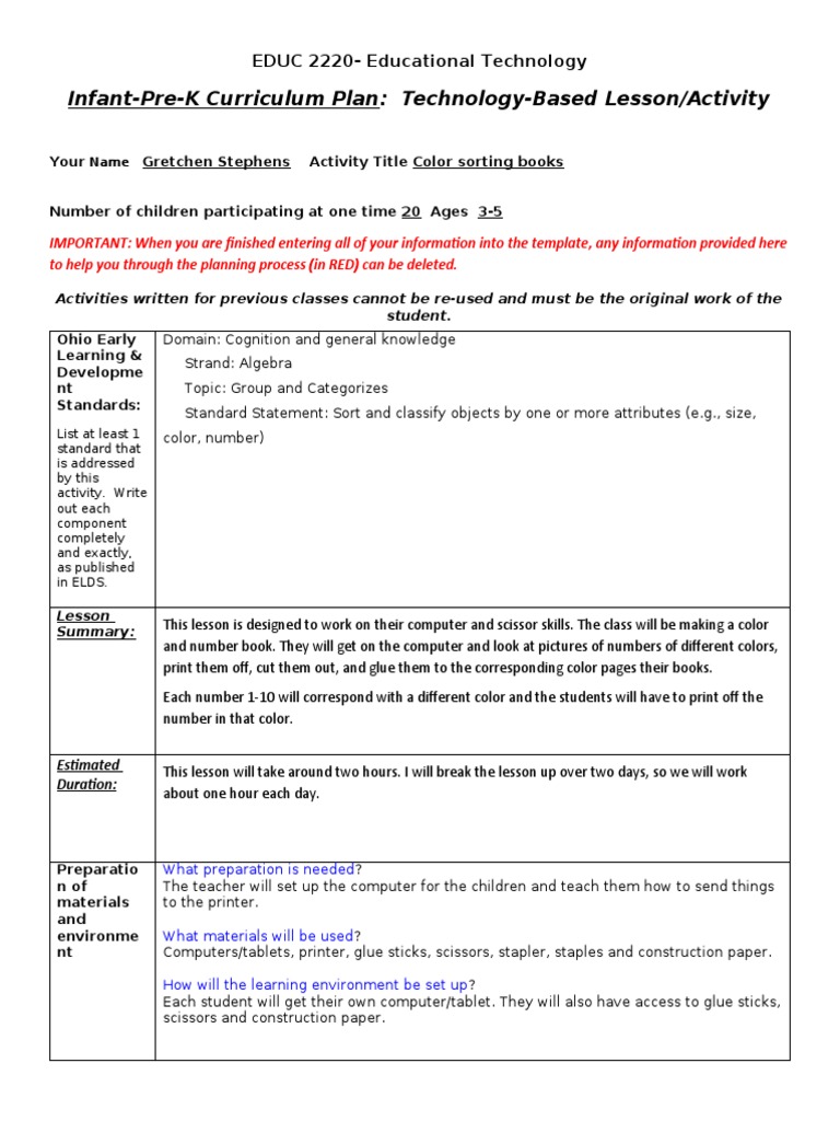 Infant-Pre-K Curriculum Plan: Technology-Based Lesson/Activity | PDF ...