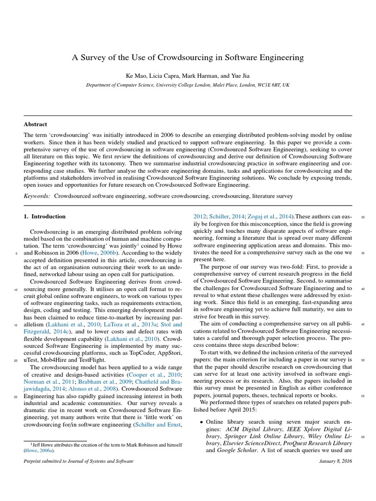 A Survey Of The Use Of Crwdsourcing In Software Engineering Pdf Download Free Pdf
