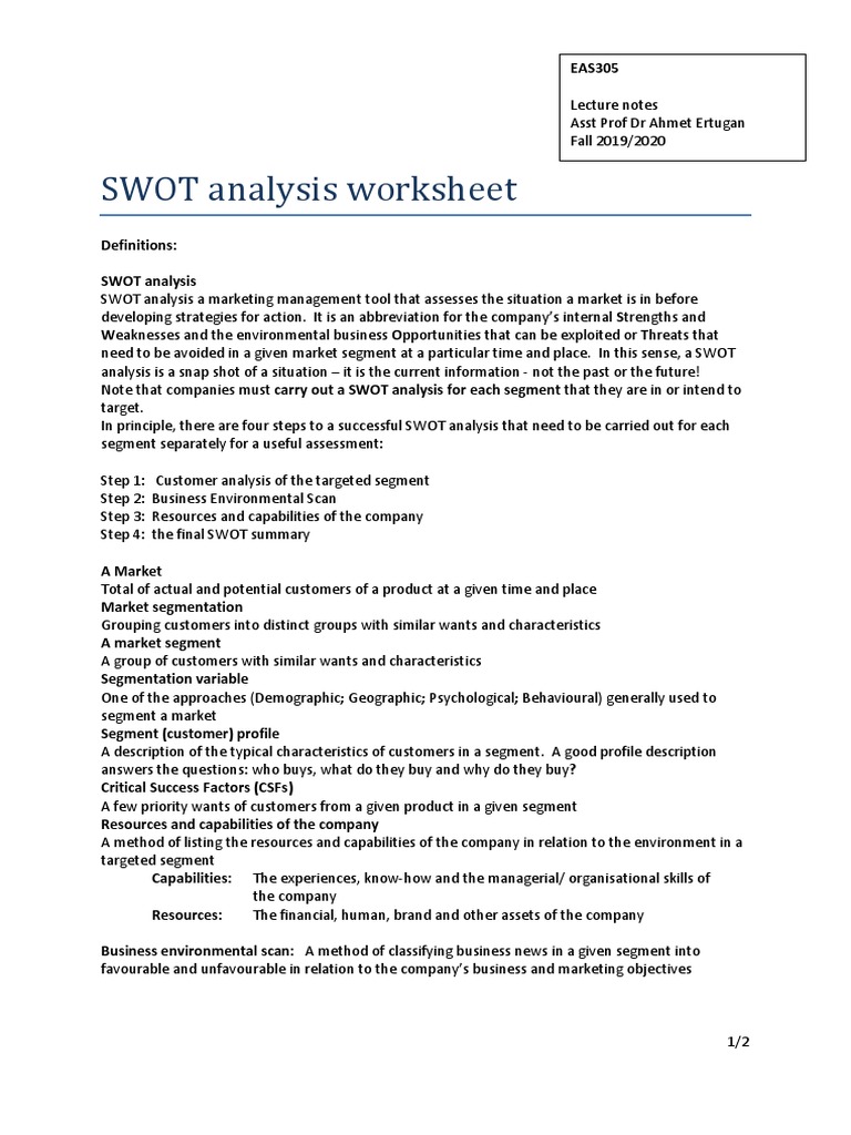 SWOT Analysis Worksheet | PDF | Swot Analysis | Market Segmentation