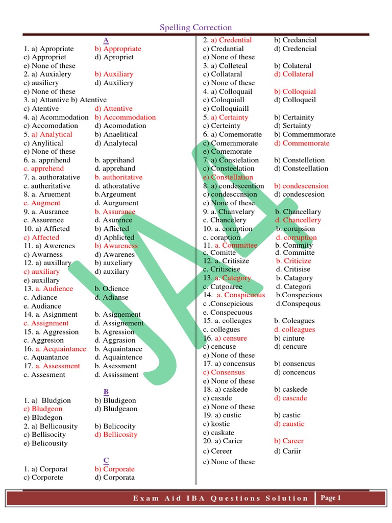 Spelling Correction: Exam Aid IBA Questions Solution | PDF