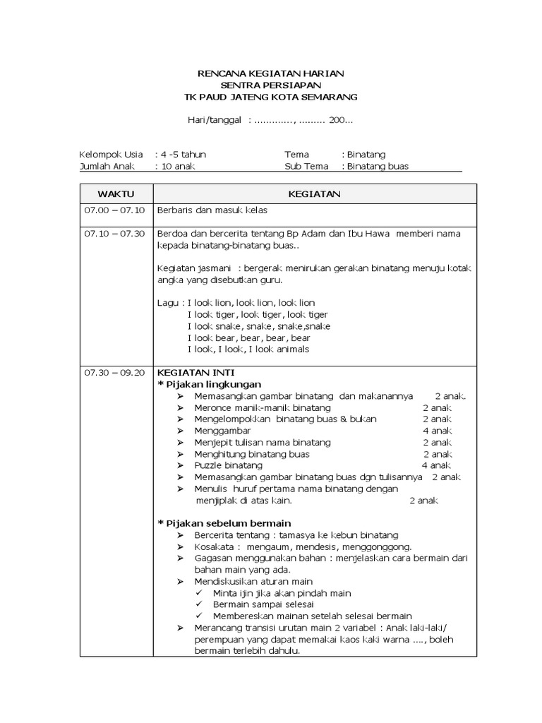 Contoh RKH Sentra Persiapan Paud | PDF