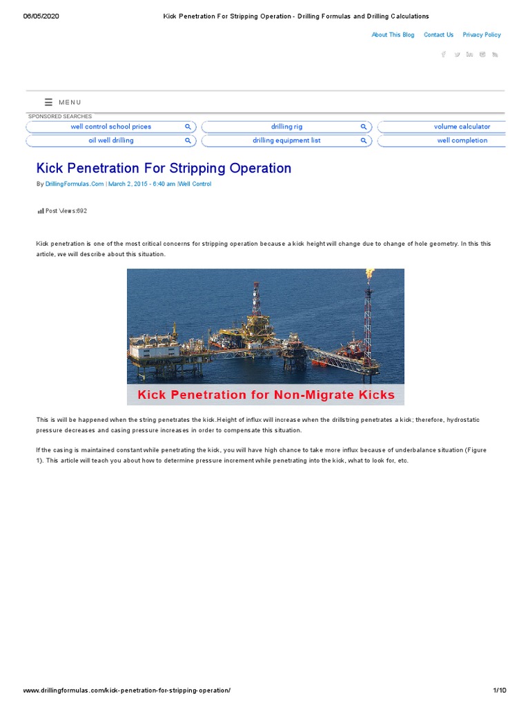 Kick Penetration For Stripping Operation - Drilling Formulas and ...
