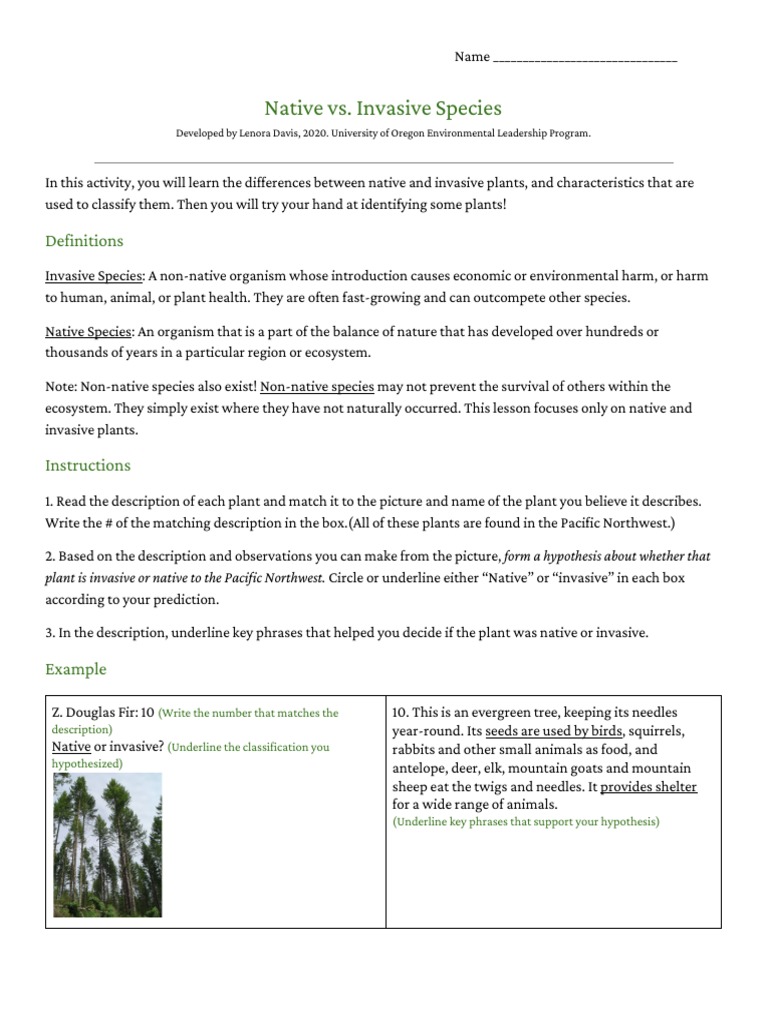 Native Invasives Worksheet With Answers | PDF | Invasive Species ...