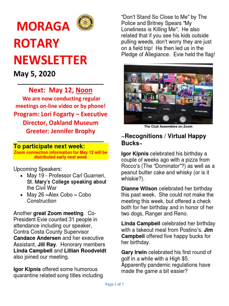 Moraga Rotary Newsletter May 5 2020 | PDF | Business