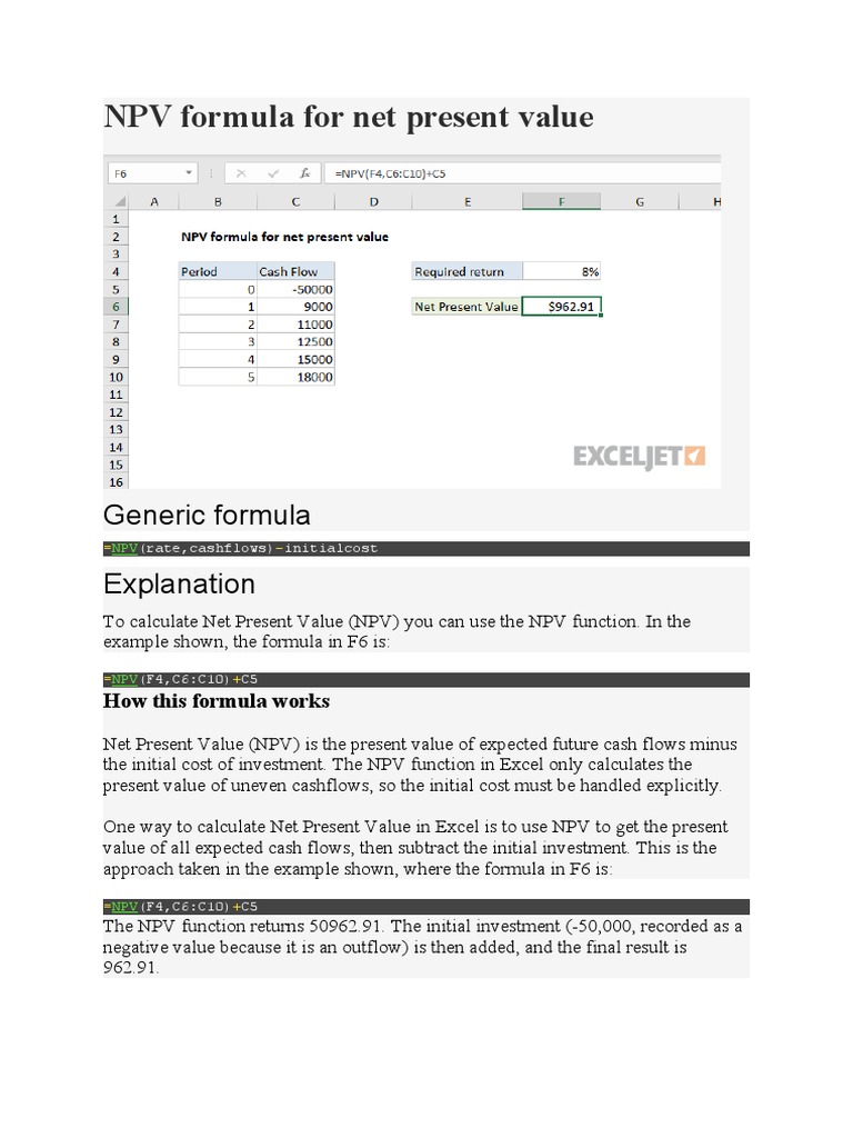 NPV Formula For Net Present Value | PDF