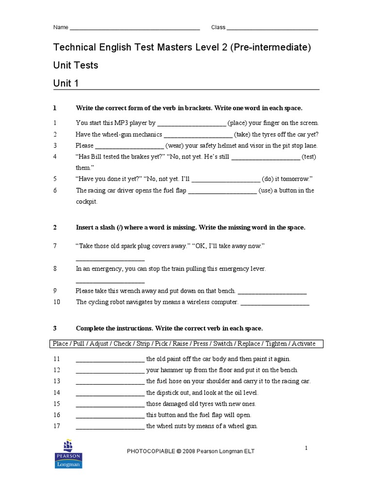 Technical English Test Masters Level 2 (Pre-Intermediate) Unit Tests ...