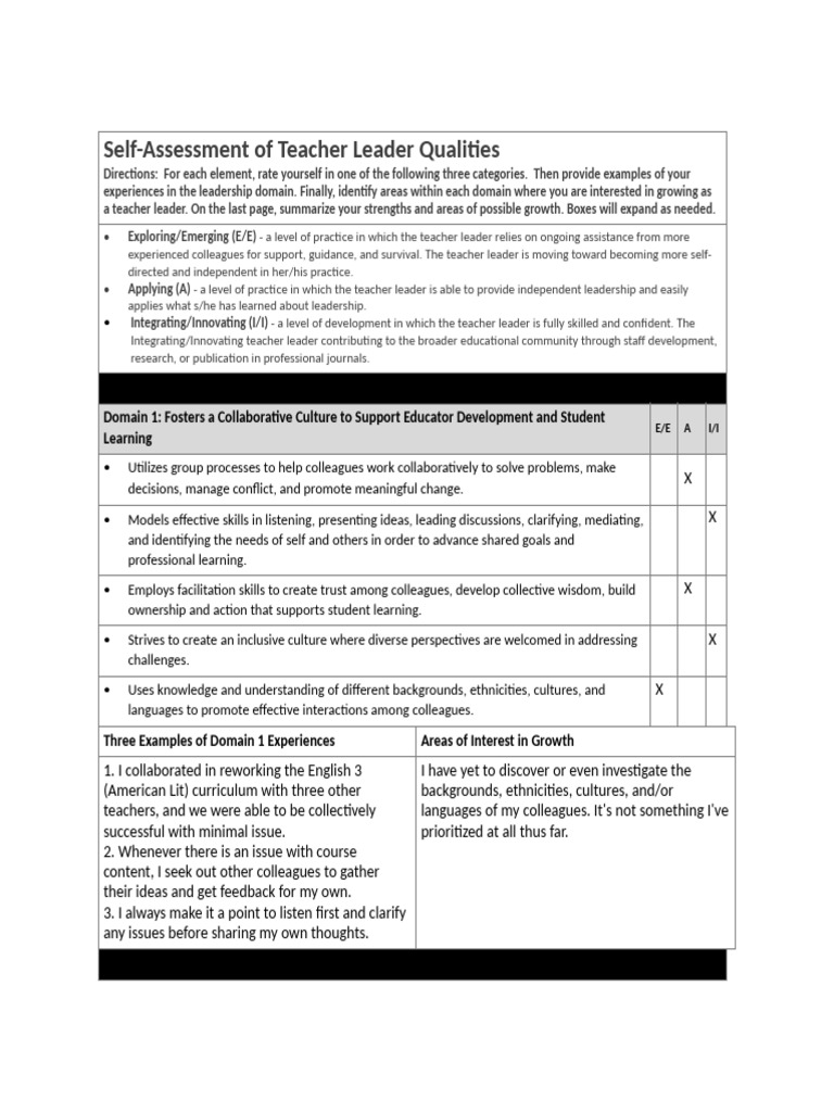 Self-Assessment of Teacher Leader Quali7es | PDF | Mentorship | Learning