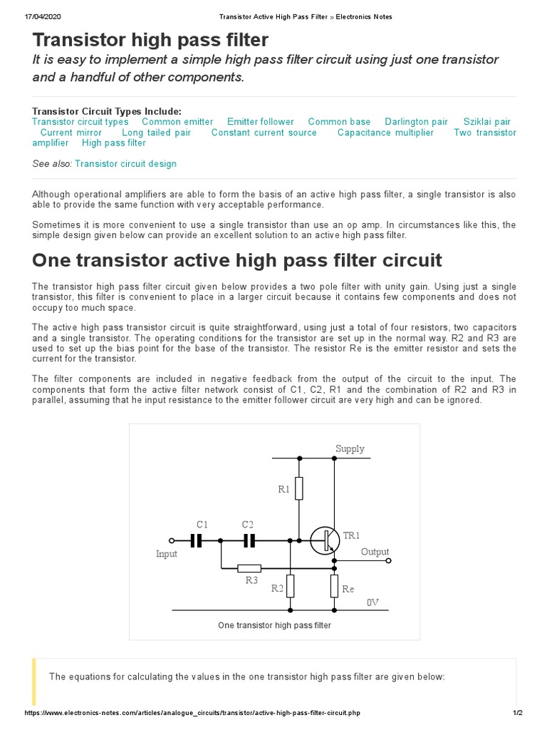 Transistor Active High Pass Filter Electronics Notes | PDF | Amplifier ...