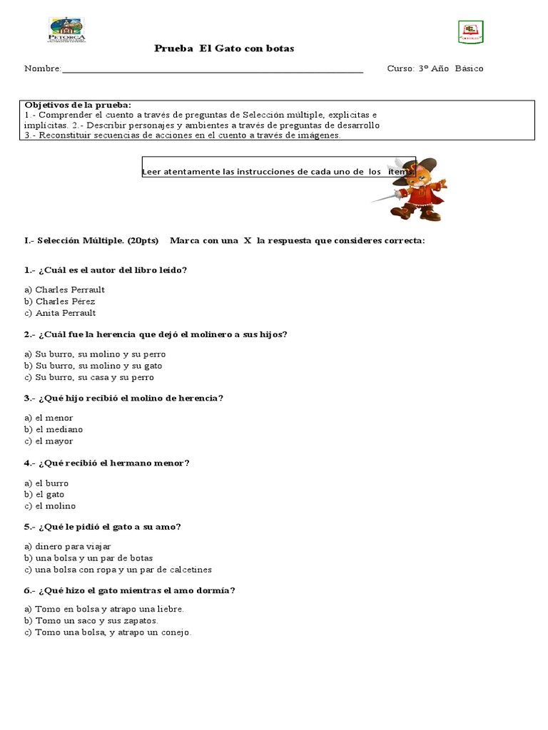 Prueba de Comprensión: El Gato con Botas | PDF