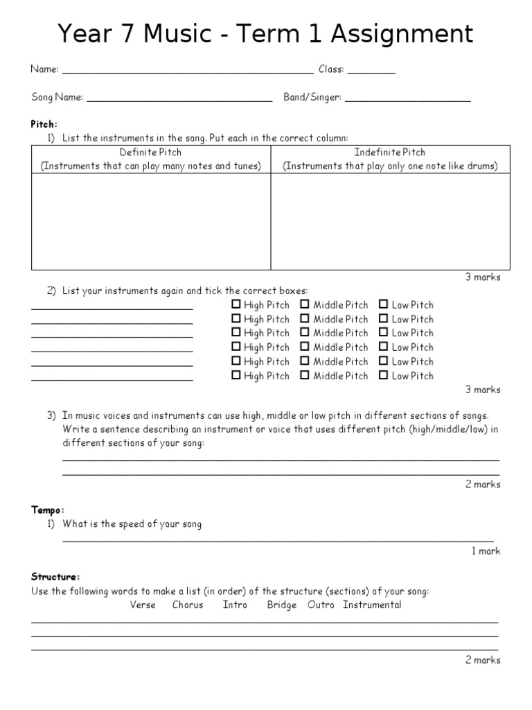 Year 7 Music - Term 1 Assignment: Pitch | PDF | Song Structure | Pitch ...