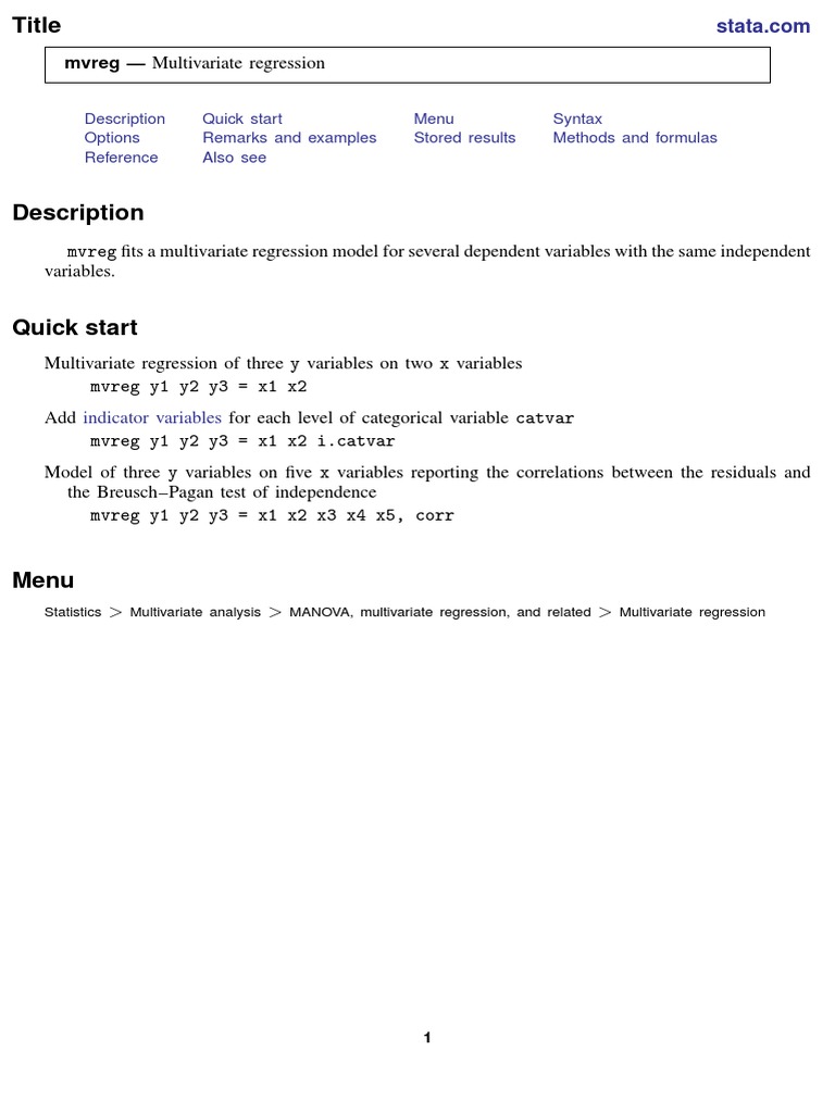 Mvreg - Multivariate Regression | PDF | Regression Analysis | Errors And Residuals