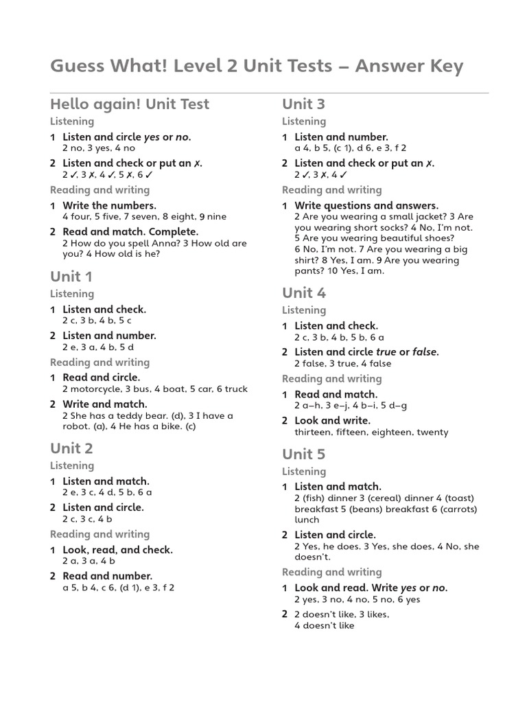 Guess What Level 2 Unit Tests Answer Key Hello Again Unit Test