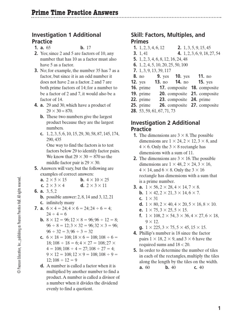 Prime Time Practice Answers: Investigation 1 Additional Practice Skill ...