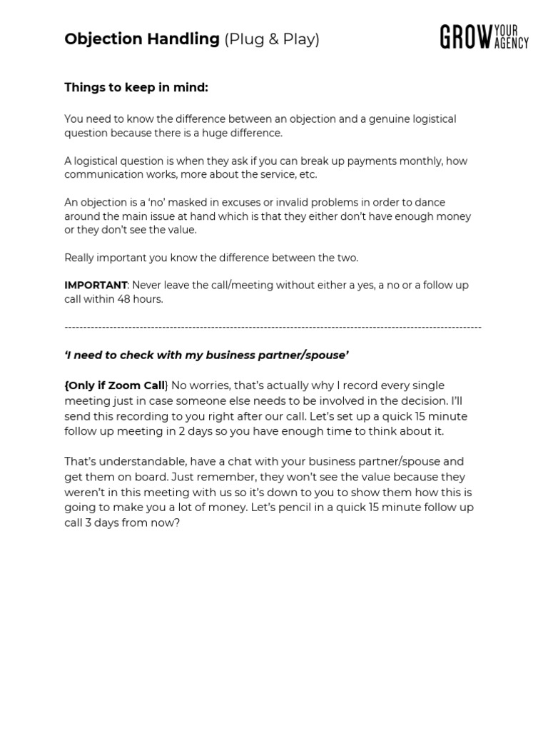 Objection Handling Sales Script Plug N Play | PDF